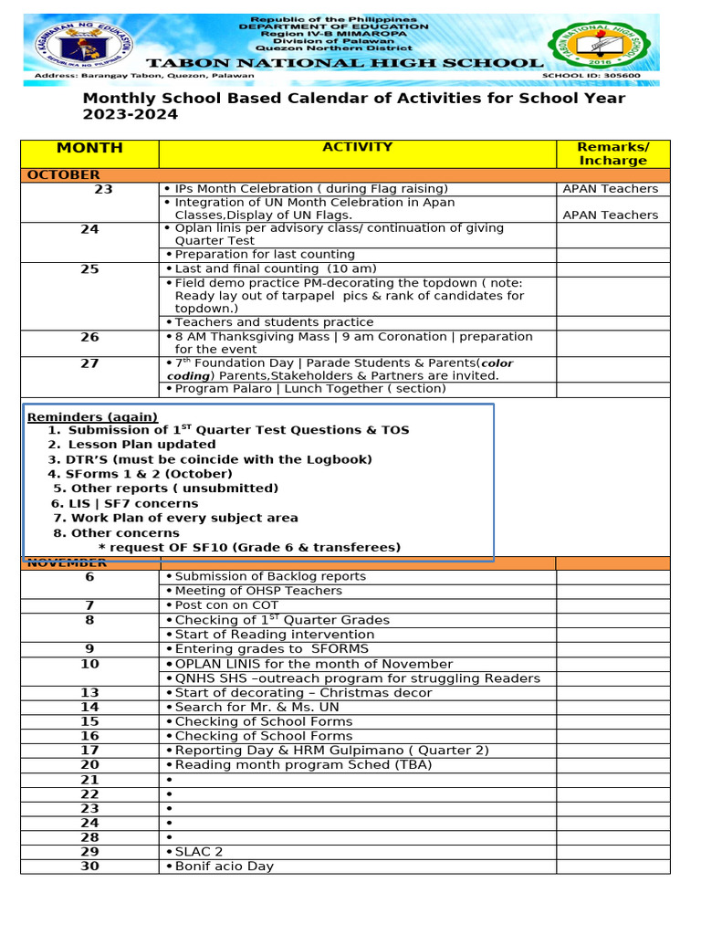 2023-2024 School Activity Calendar | PDF
