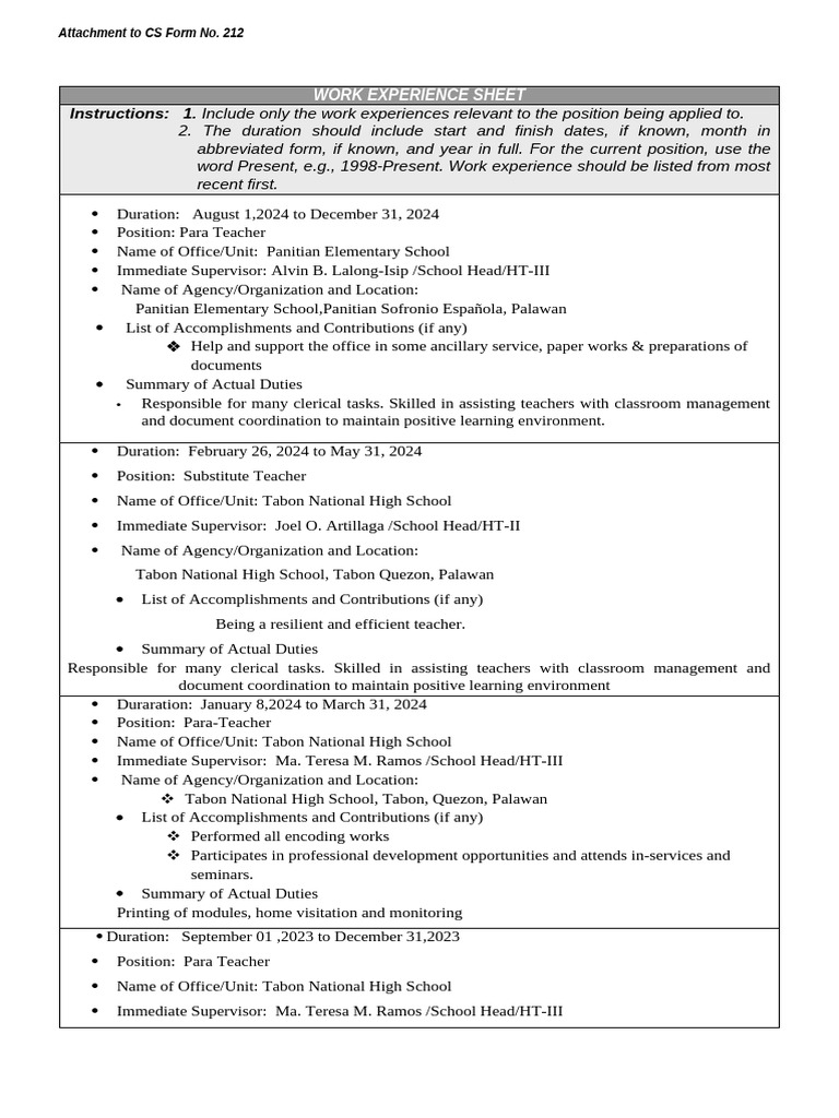 Work Experience Sheet (2025) | PDF | Teachers | Classroom Management