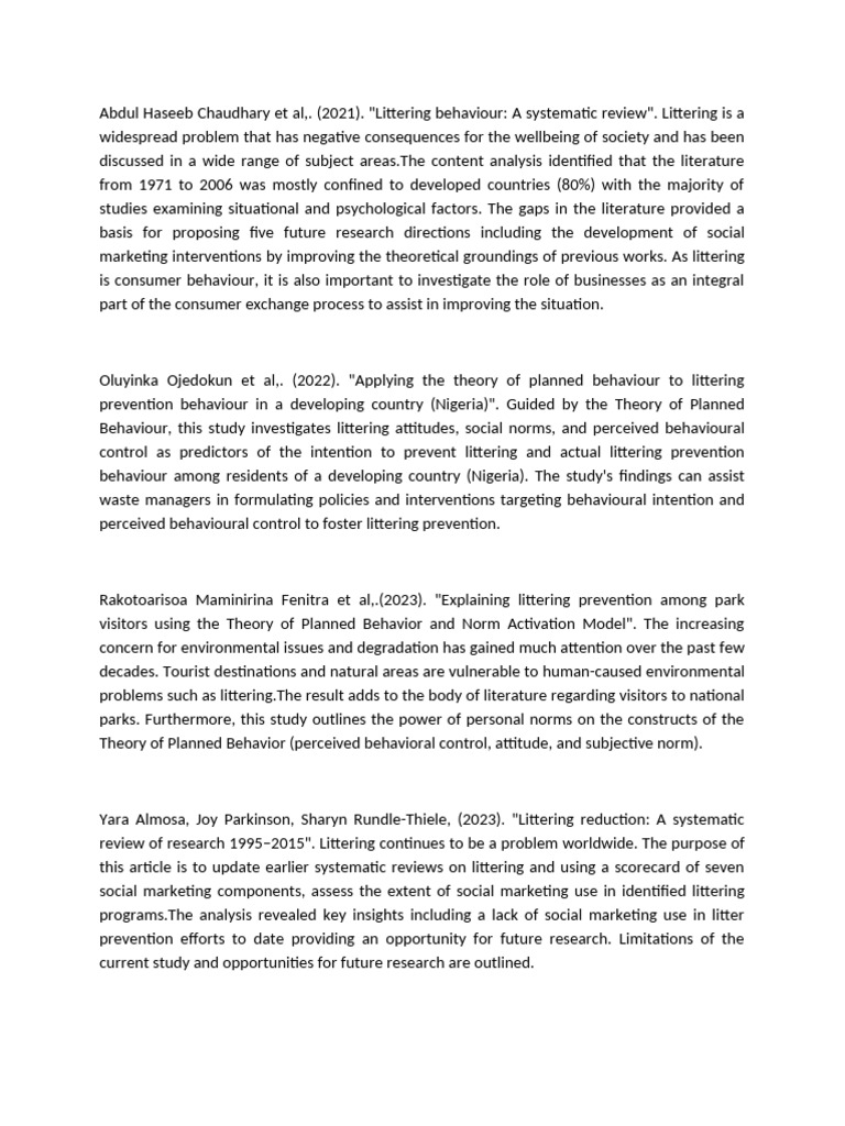 Systematic Review of Littering Studies | PDF | Behavior