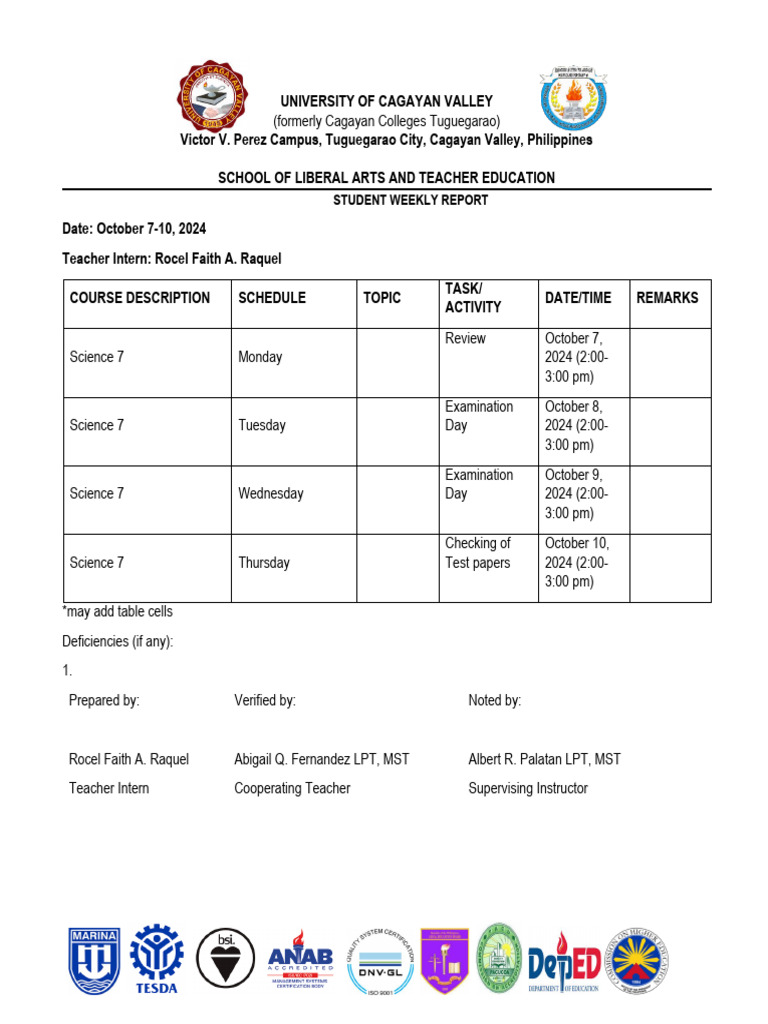 Weekly Report: Teacher Intern Activities | PDF