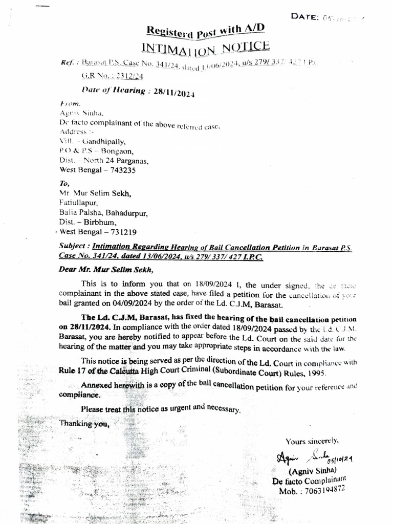 Bail Cancellation Intimation Notice GR 2312 of 24 | PDF