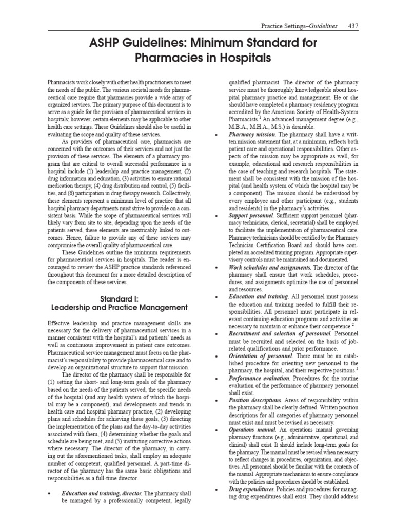 ASHP Guidelines Minimum Standard for Pha | PDF | Pharmacy | Pharmacist