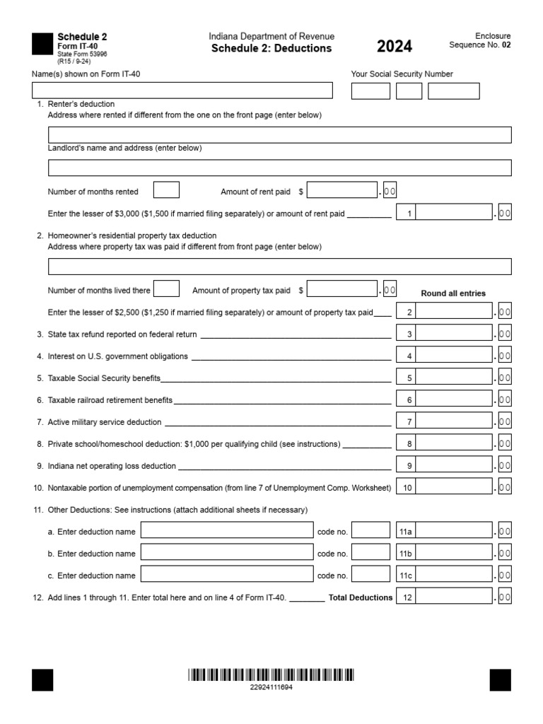 Indiana Schedule 2 Deductions Form 2024 | PDF | Tax Deduction | Taxes