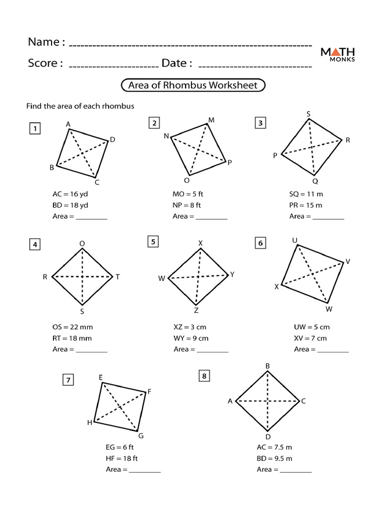 Area of Rhombus Worksheet | PDF