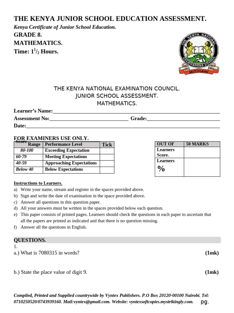 Grade 8 KJSEA Mathematics Sample Paper | PDF | Mathematics