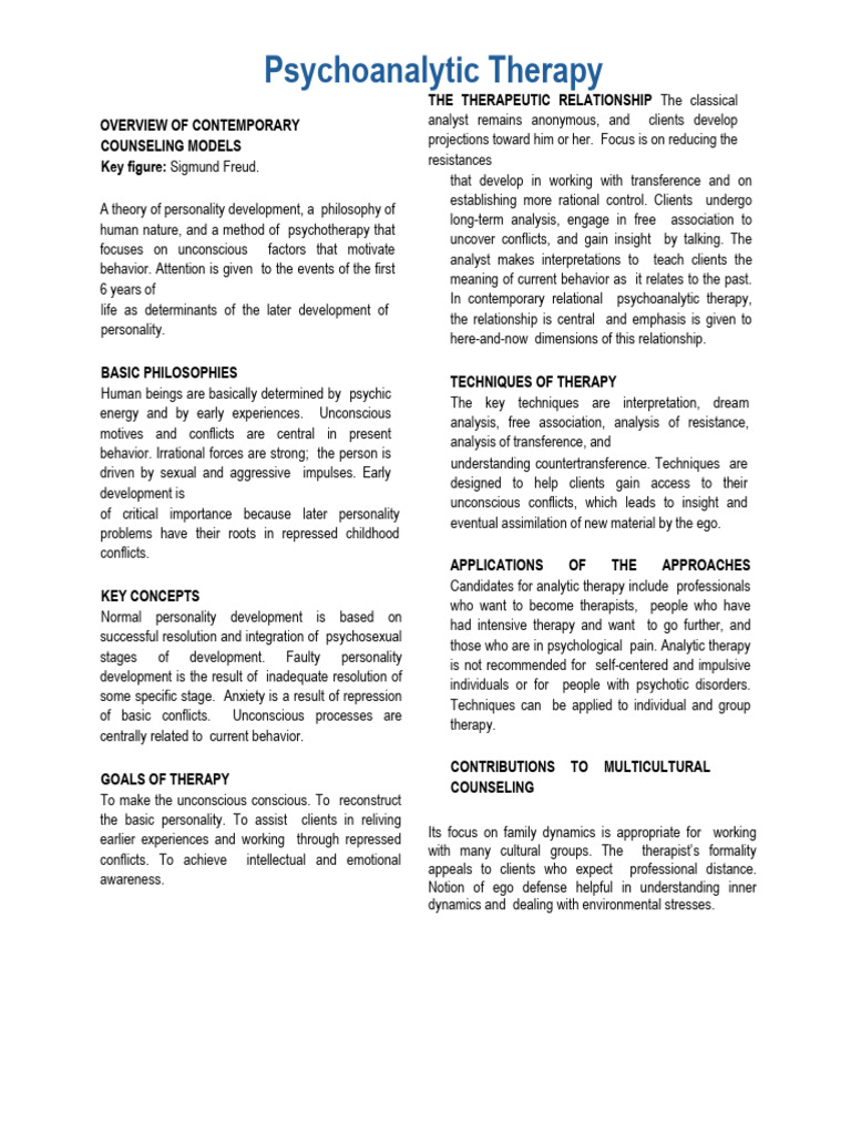 Psychoanalytic Therapy Techniques Overview | PDF | Psychotherapy ...