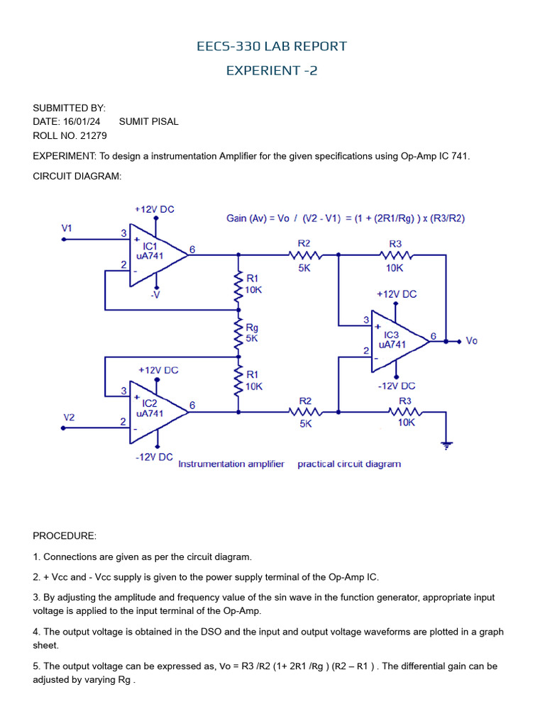 Instrumentation Amplifier Lab Report | PDF