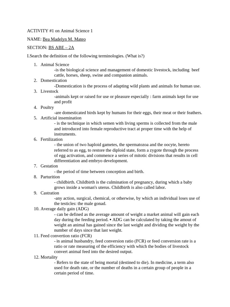 Activty No.1 in Animal Science (Mateo, Bea Madelyn M.) (BS Abe-2a) | PDF | Fertilisation | Cattle