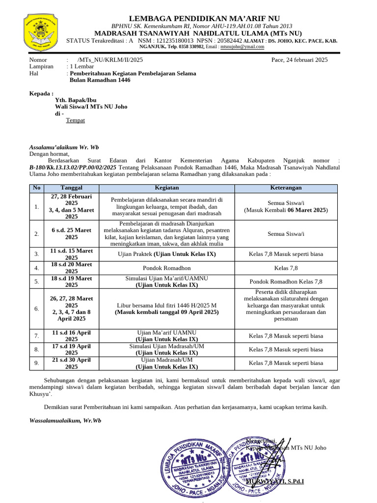 SURAT PEM Kegiatan Romadhon 1446 | PDF