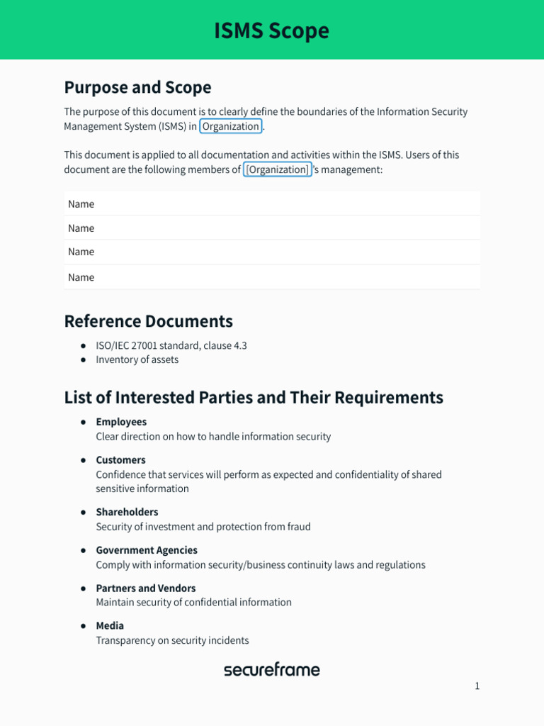 ISO 27001 ISMS Scope Policy Template - Secureframe | PDF | Information Security | Regulatory ...