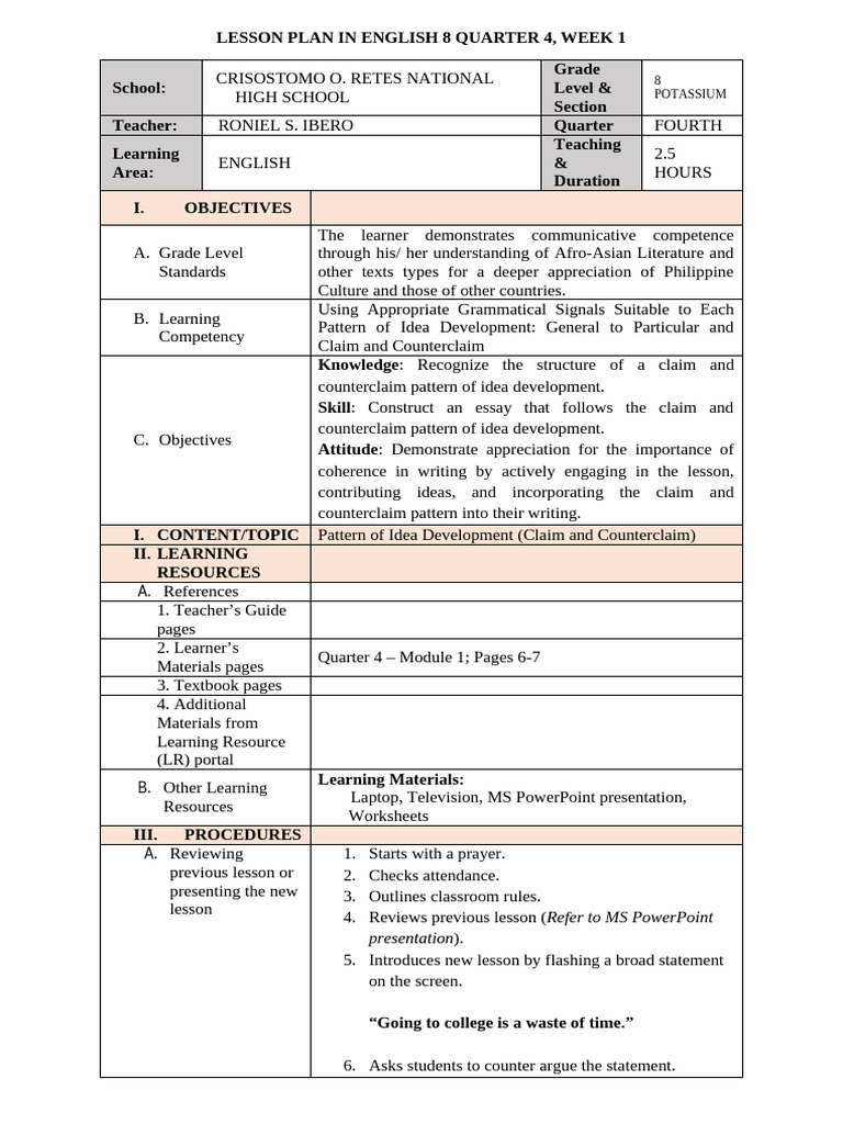 Claim and Counterclaim Lesson Plan | PDF | Learning | Homework