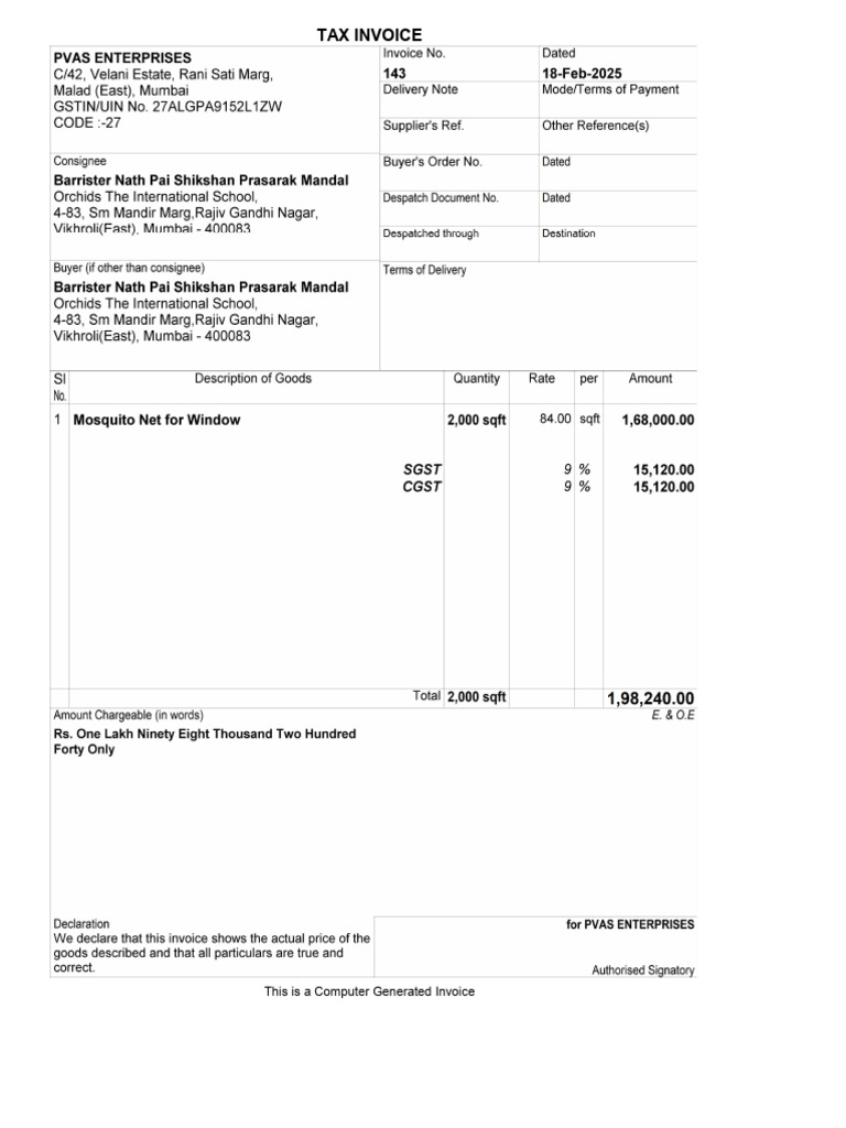 GST Invoice for Mosquito Nets | PDF