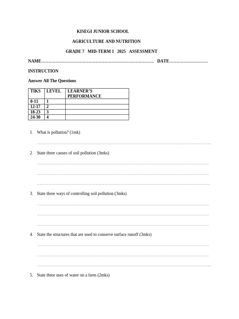 Agricuture and Nutrition Grade 7 Assessment 2025 | PDF | Environmental ...