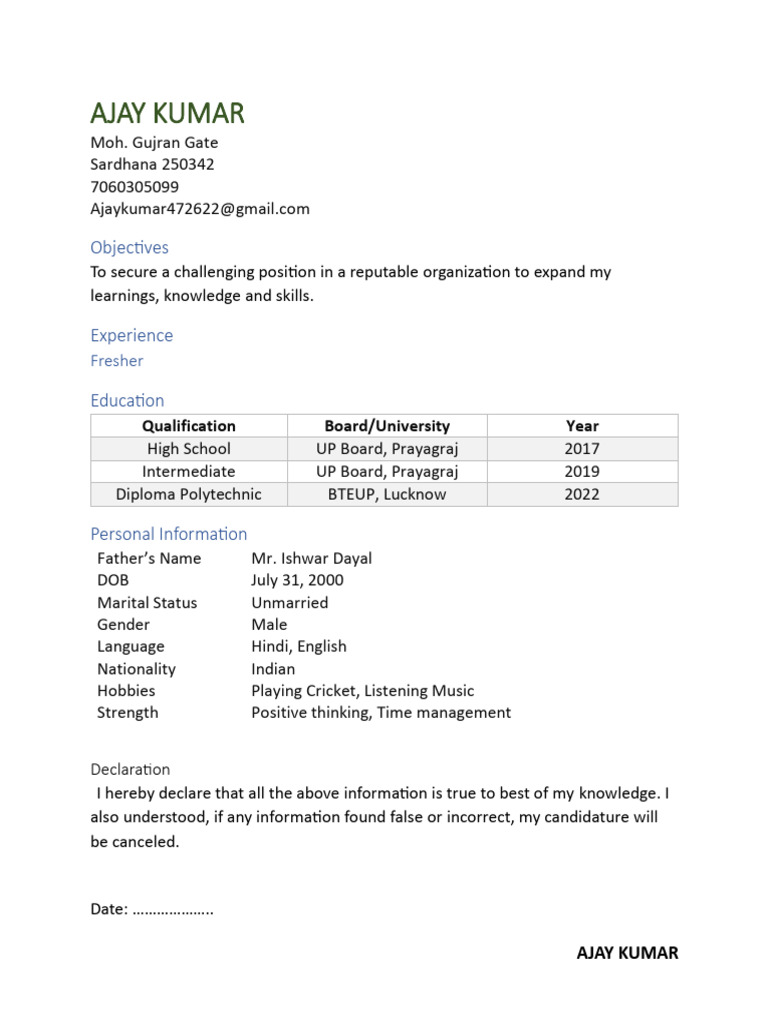 Ajay Kumar - Fresh Graduate Resume | PDF