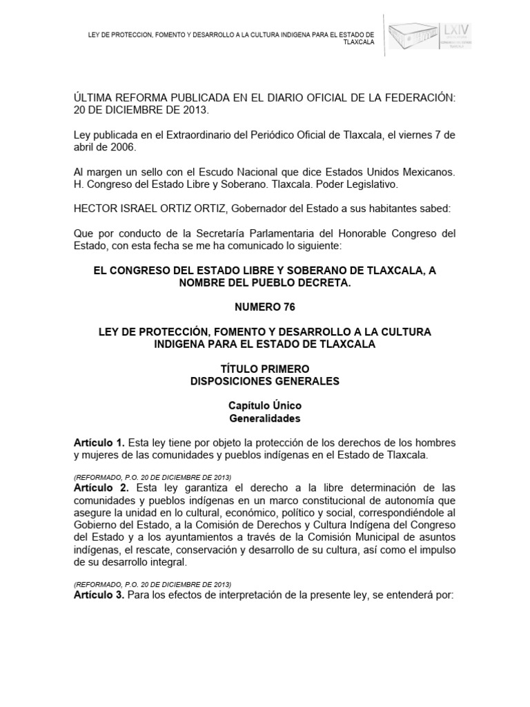 Ley de protección pueblos indígenas del Estado de Tlaxcala | PDF ...