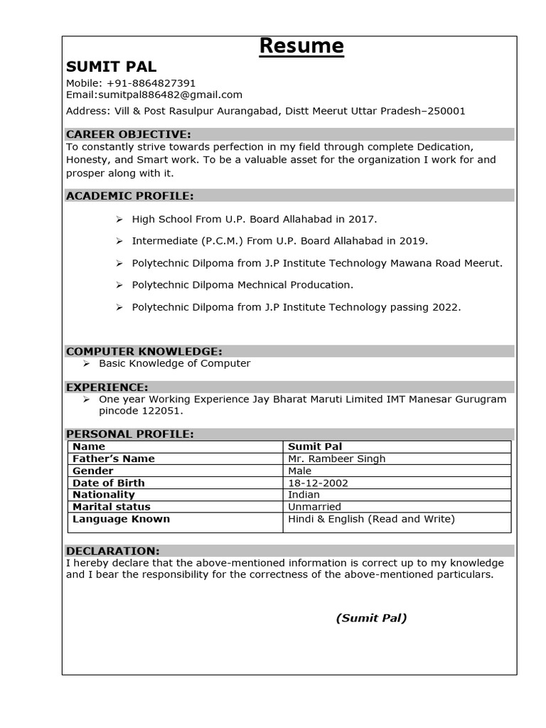 Sumit Pal Resume: Mechanical Diploma | PDF