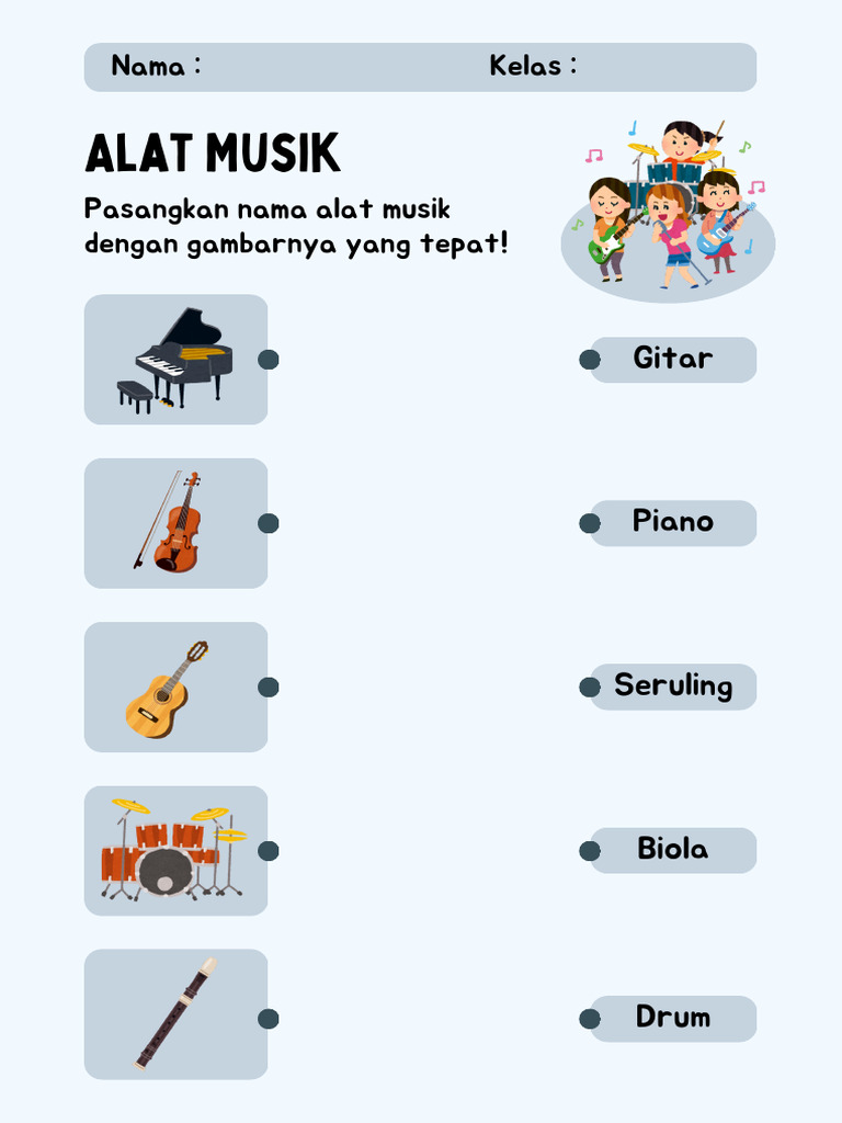 Mengenal Alat Musik Kelas 1 Lembar Kerja Biru Ilustratif | PDF