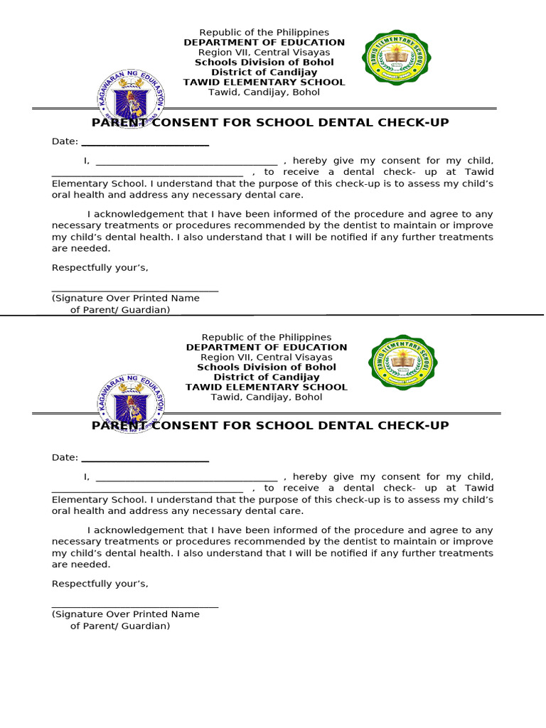 Parent Consent for Dental Check-Up | PDF