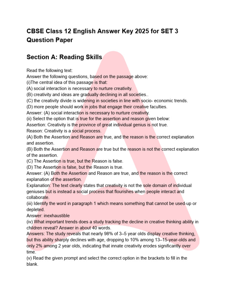 CBSE Class 12 English Answer Key 2025 For SET 3 Question Paper | PDF ...