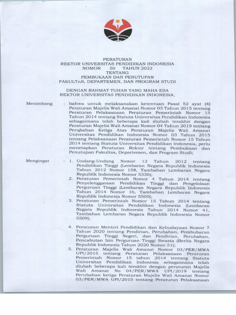 50 Tahun 2022 Tentang Pembukaan Dan Penutupan Fakultas Departemen Dan Program Studi 1 | PDF