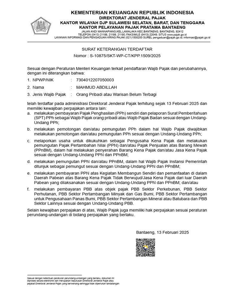Surat Keterangan Terdaftar NPWP | PDF