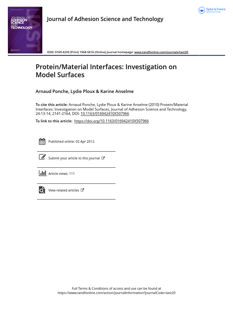 Protein/Material Interfaces Analysis | PDF | Integrin | Adsorption