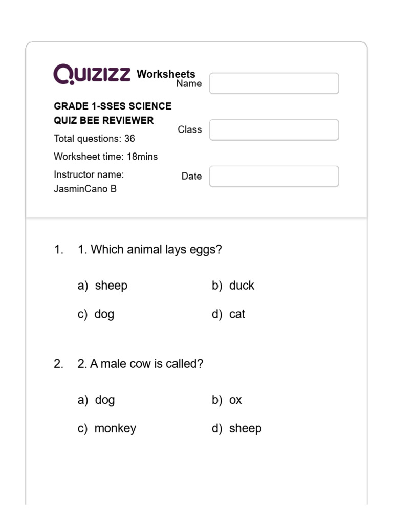GRADE 1-SSES SCIENCE QUIZ BEE REVIEWER - Quizizz | PDF | Frog | Elephant