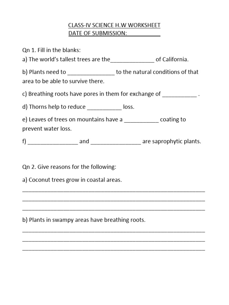 CBSE Class 4 Science Worksheet - Trees | PDF