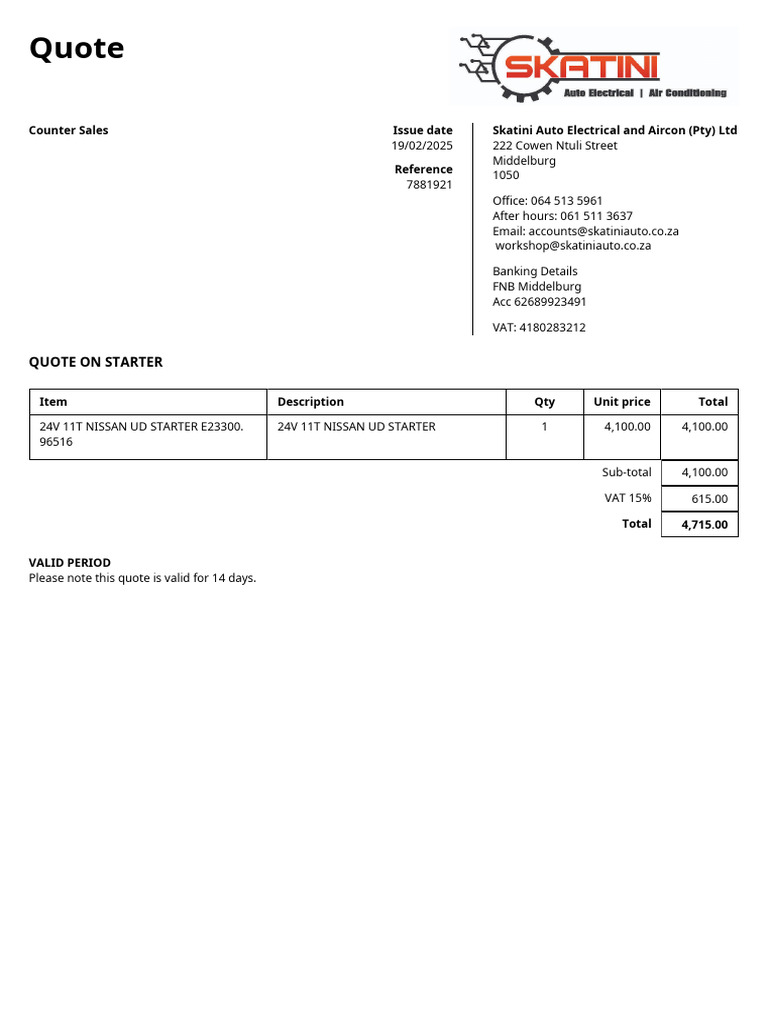 Auto Electrical Quote for Businesses | PDF