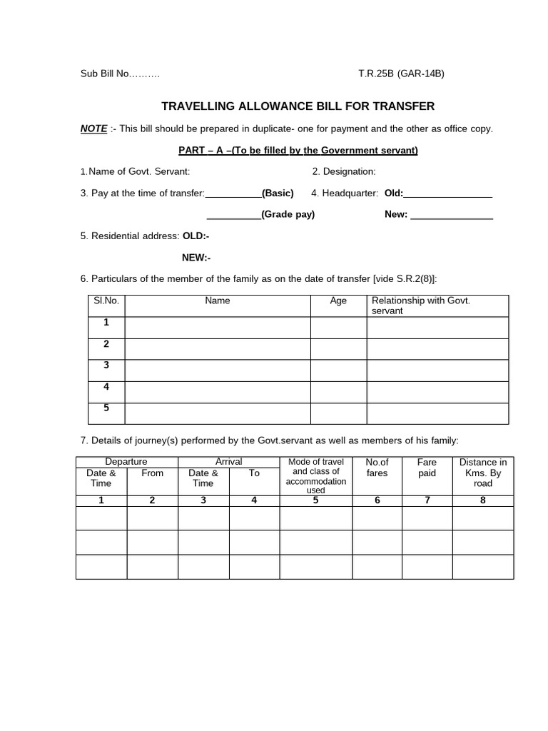 Travelling Allowance Bill for Transfer | PDF | Transport