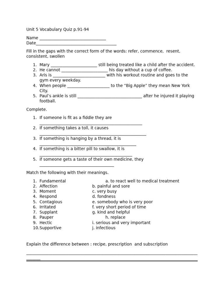 Unit 5 Vocabulary Quiz p91-94 | PDF