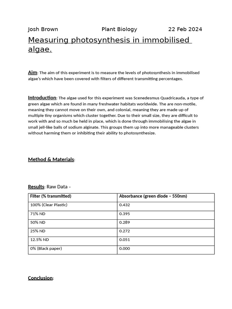 Lab Report - Algae Photosynthesis | PDF