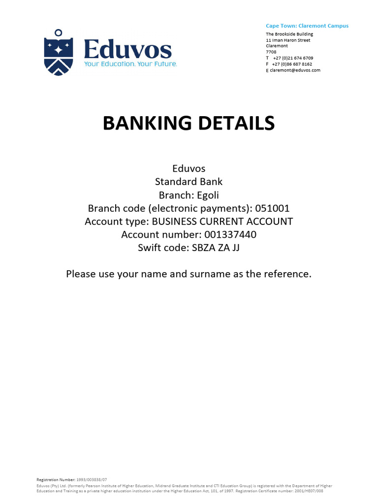 Bank Details - Eduvos | PDF