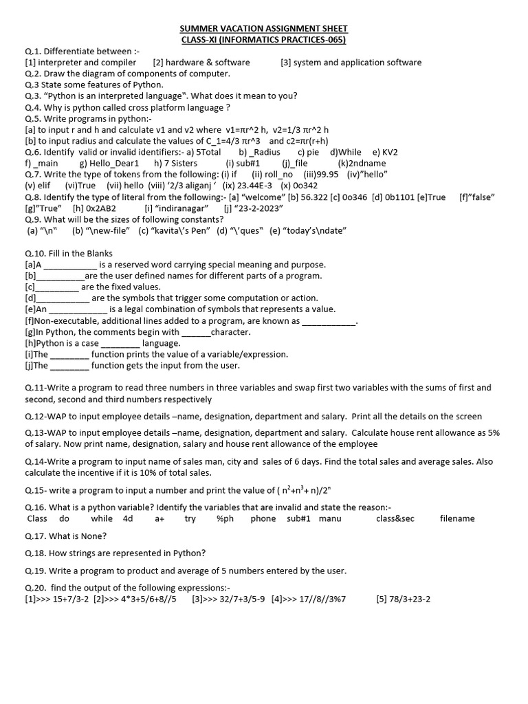 Summer Vacation Assignment | PDF | Function (Mathematics) | Variable (Computer Science)