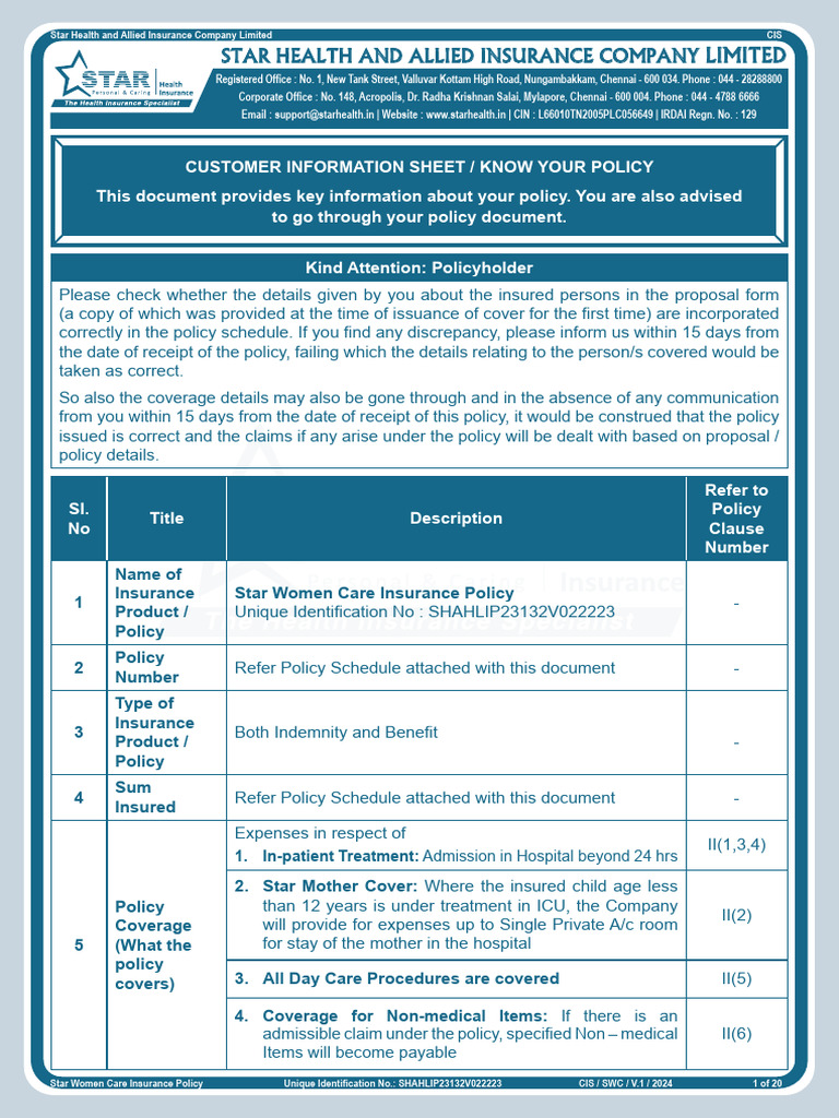 CIS Star Women Care Insurance Policy V 1 Static 301c007c67 | PDF ...