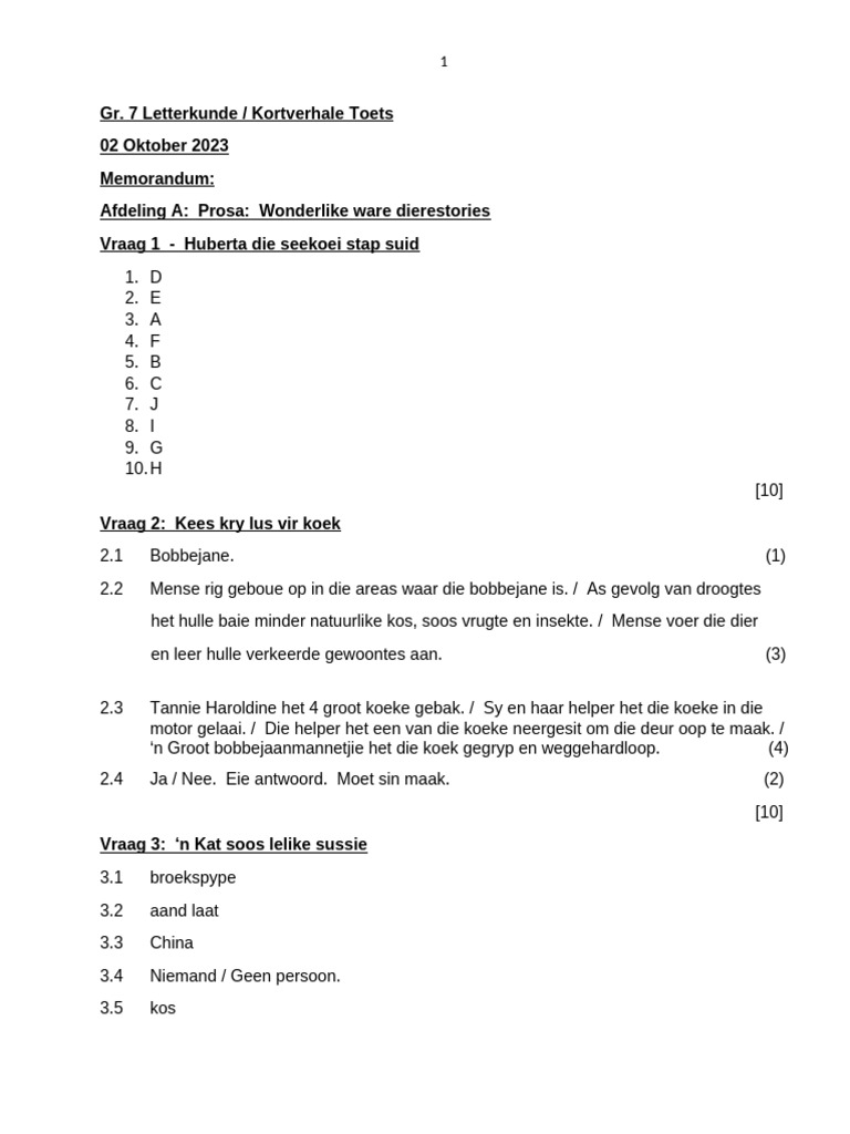 Gr. 7 Letterkunde Toets, 02 Oktober 2023 Memorandum | PDF