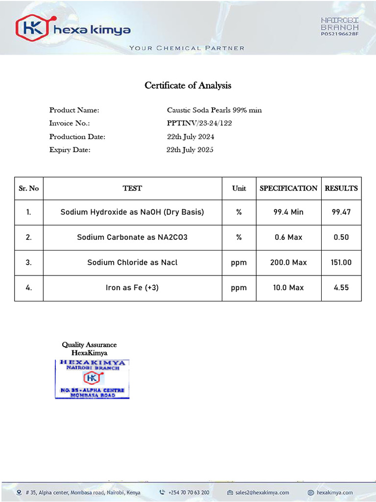 COA - Caustic Soda Pearls | PDF