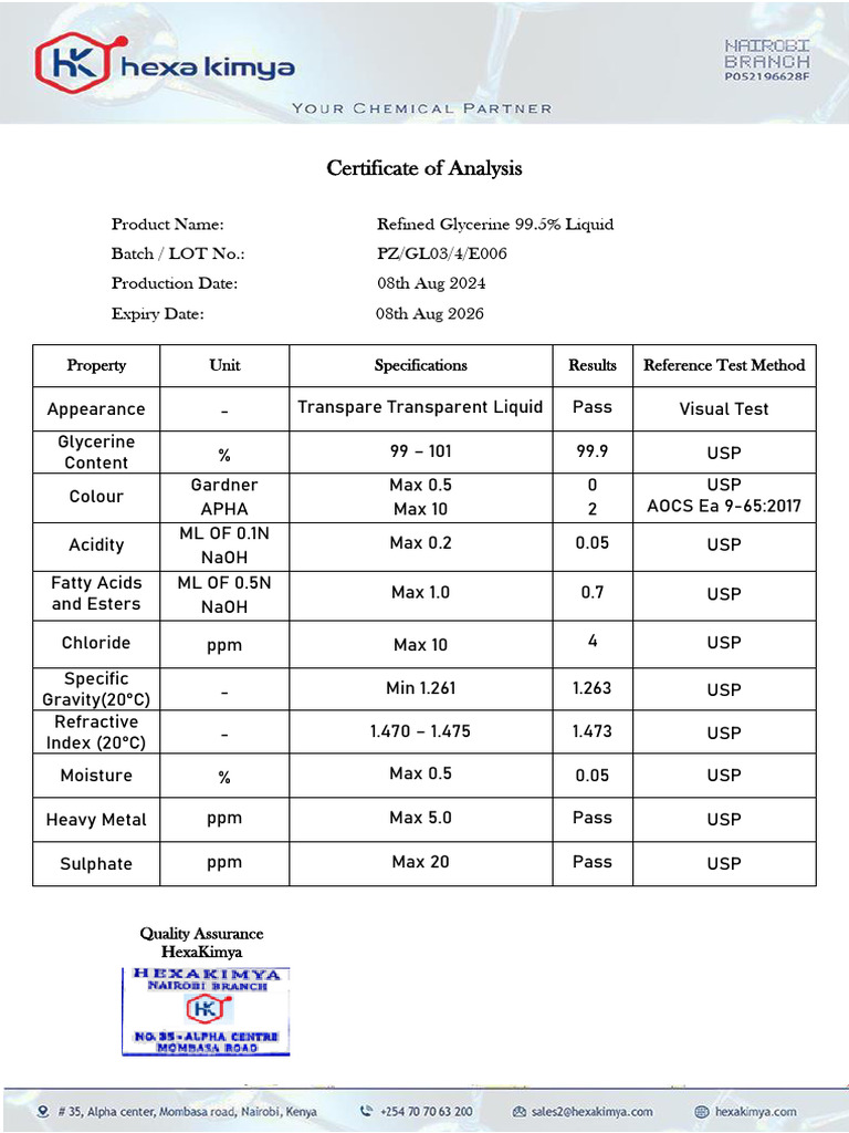 COA - Glycerine | PDF