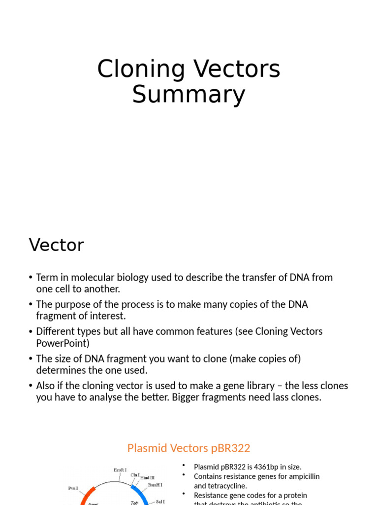 Cloning Vectors Summary | PDF | Molecular Cloning | Vector (Molecular Biology)
