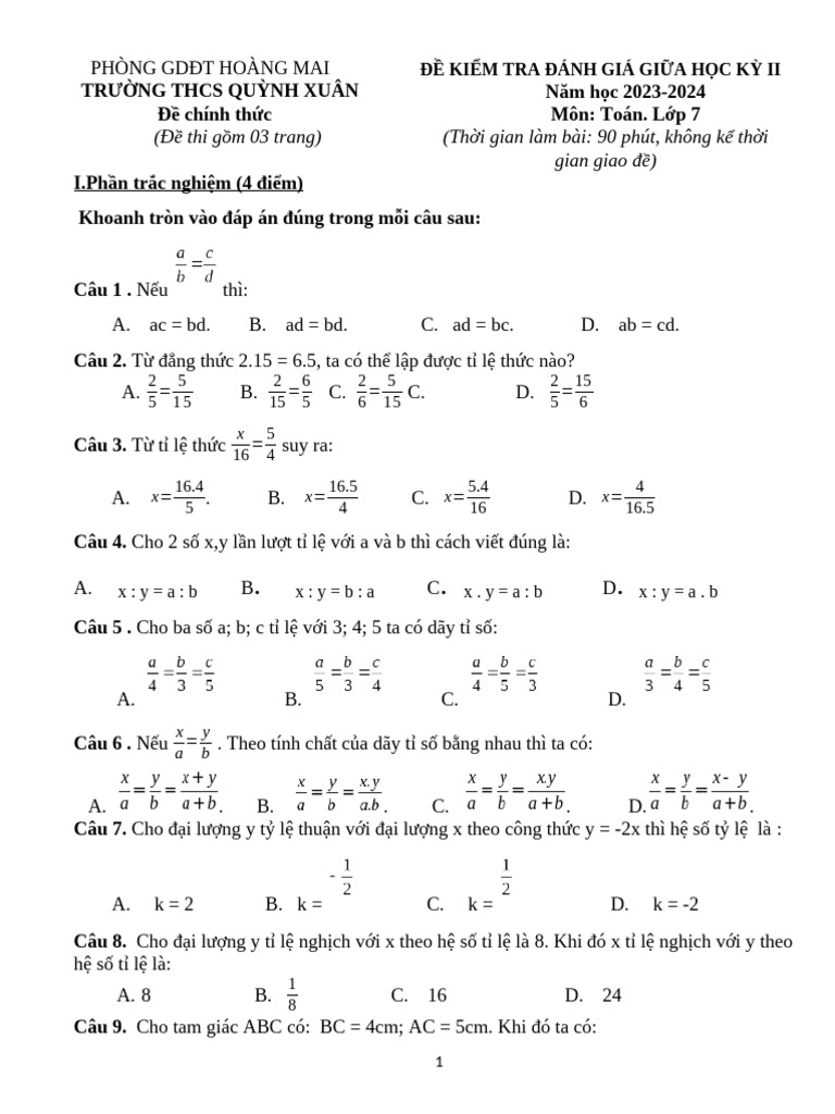 De Giua Hoc Ki 2 Toan 7 Nam 2023 2024 Truong Thcs Quynh Xuan Nghe An | PDF