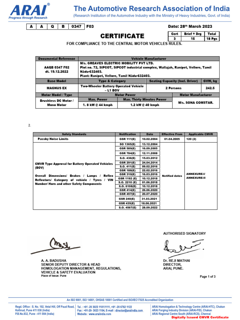 22232722_CMVR Certificate_Magnus EX _AIS 156 Phase II | PDF | Vehicles