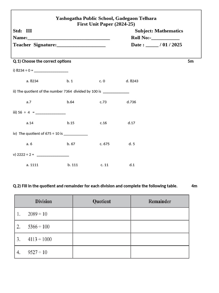 Class 3 Ut2 Math | PDF