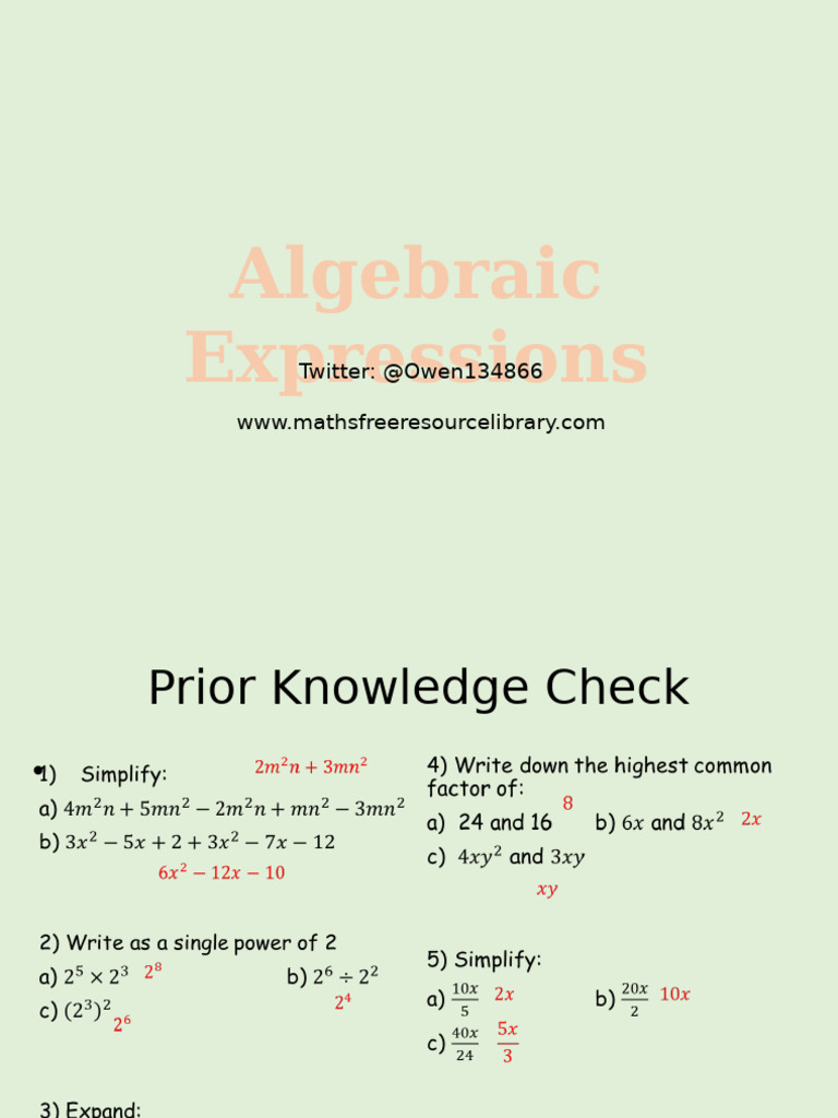1 Algebraic Expressions Pdf Factorization Equations