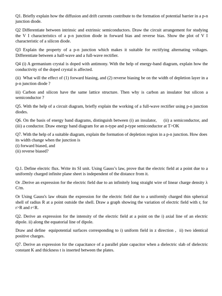 Important Questions For Class 12 Physics | PDF | P–N Junction | Diffraction