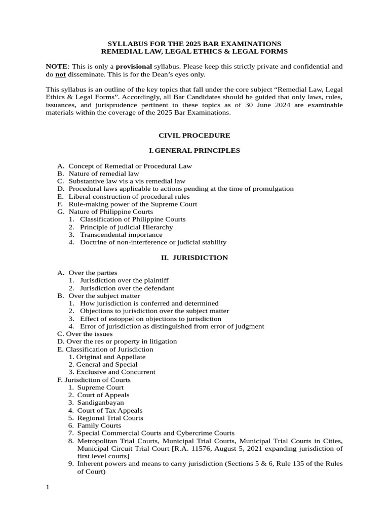 Syllabus For The 2025 Bar Examinations | PDF | Evidence (Law) | Injunction