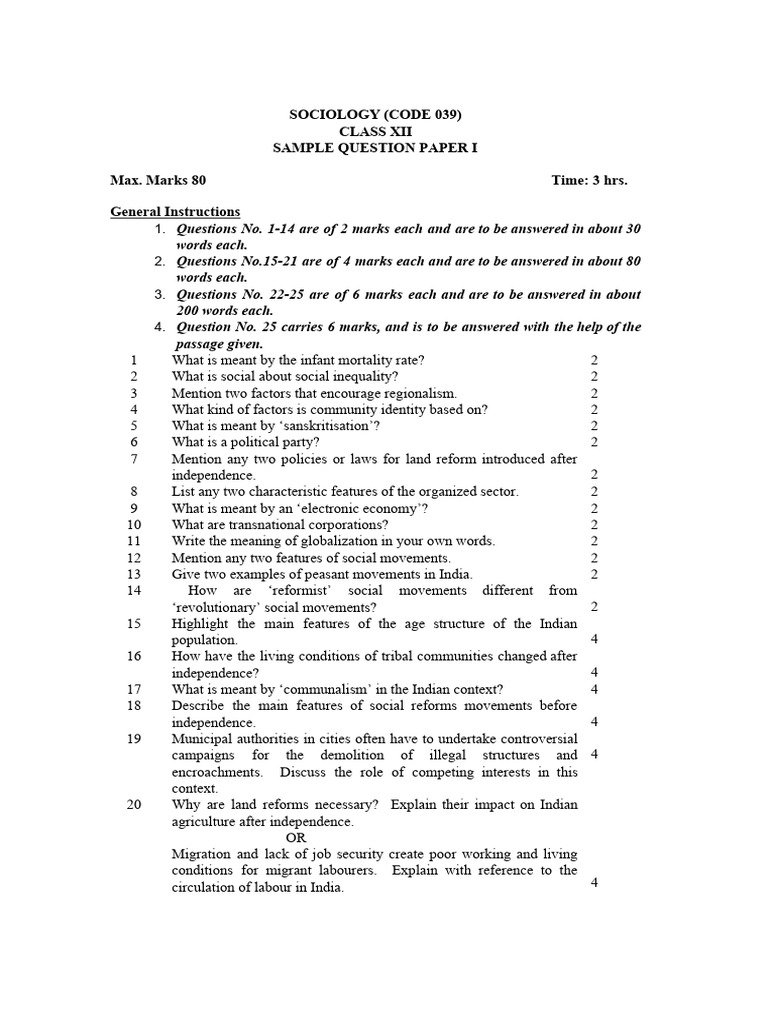 CBSE Class 12 Sociology Sample Question Paper | PDF | Employment | Caste