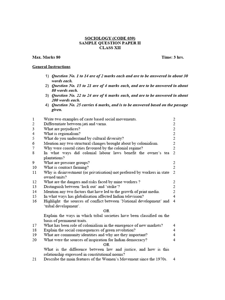 CBSE Class 12 Sociology Sample Question Paper - 2 | PDF | Caste | Prejudices