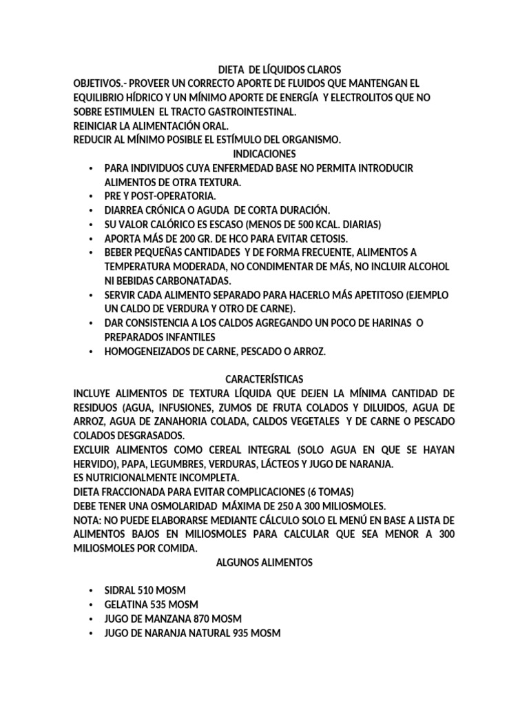 Dieta de Líquidos Claros | PDF | Alimentos | Dieta