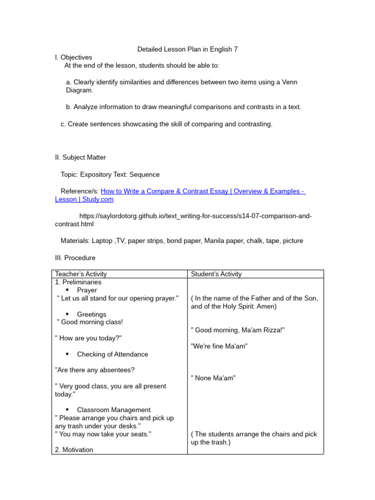 English 7 Lesson Plan: Compare & Contrast | PDF | Pencil