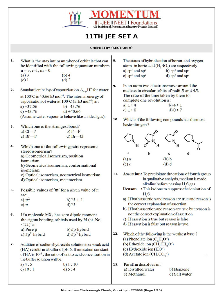 11 Jee Set A | PDF | Physics | Physical Sciences